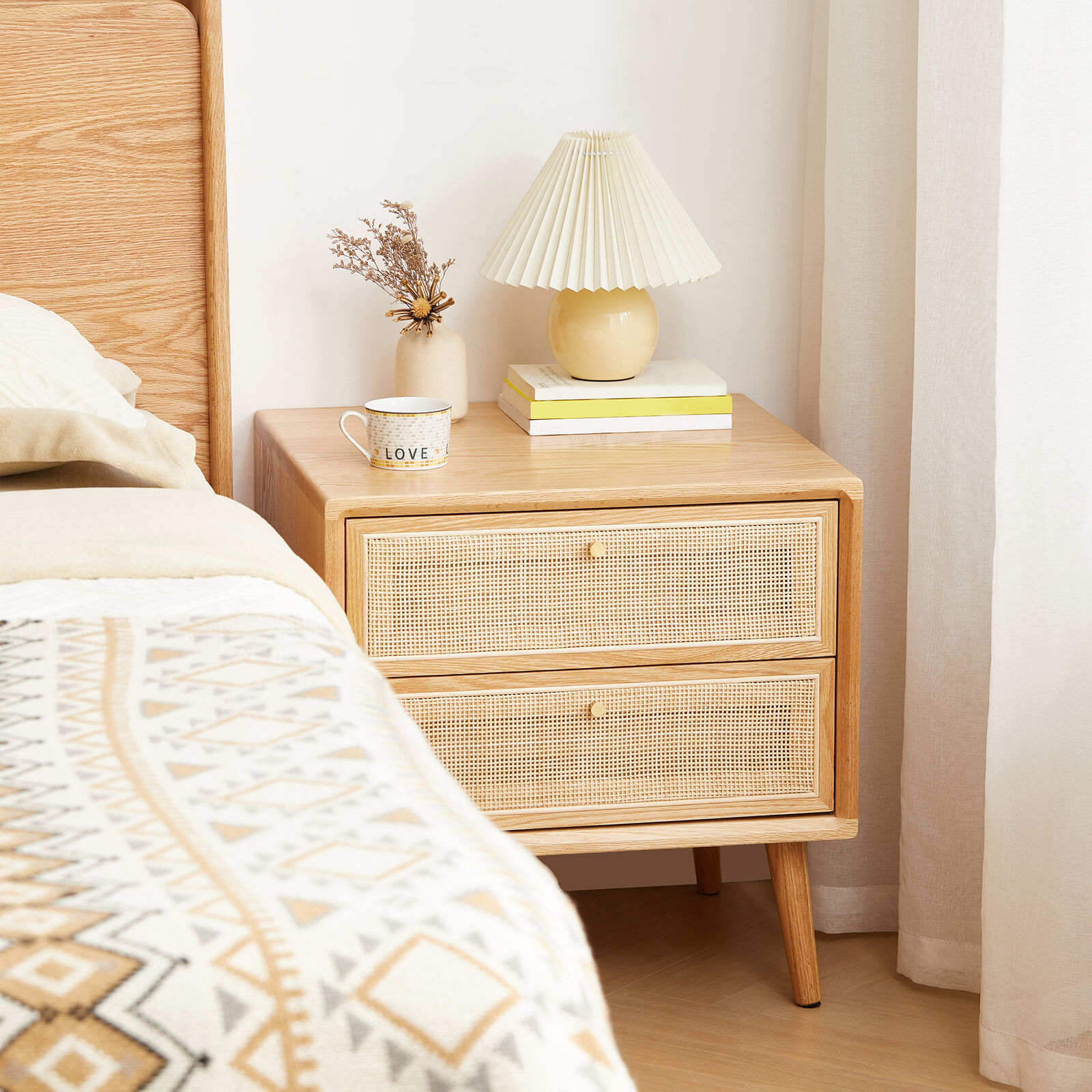 American Solid Oak Wood Bedside Table, Side Storage End Table w/ 2 ...