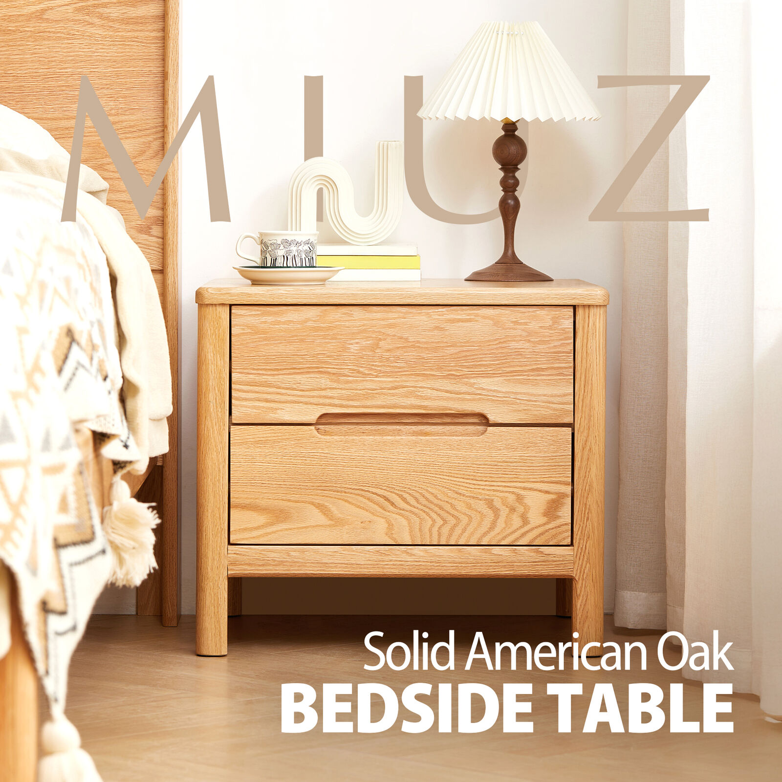American Solid Oak Wood Bedside Table, Side Storage End Table w/ 2 ...