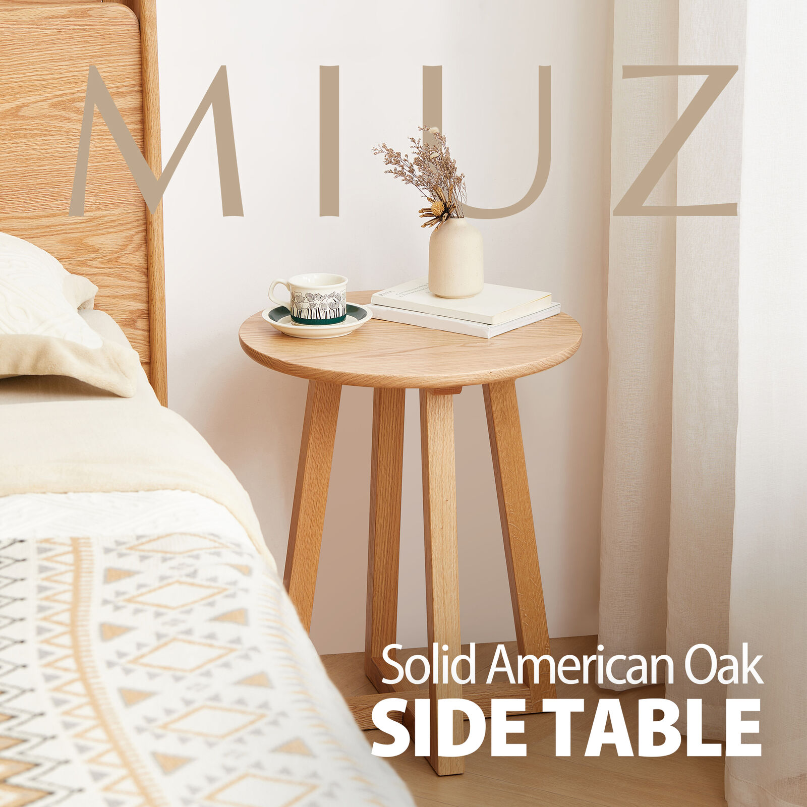 American Solid Oak Wood Round Side Table, Tripod End Table w/ Sturdy Cross-Leg Base, Minimalist Nigh