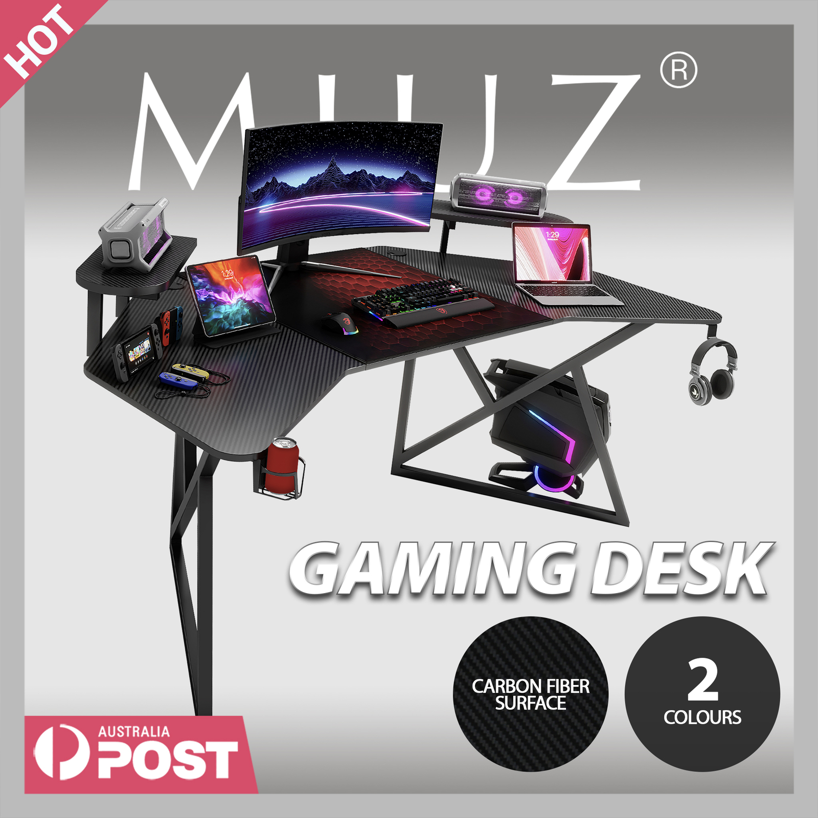 MIUZ Black Gaming Desk Large Size Computer Gaming Office Desk Carbon ...