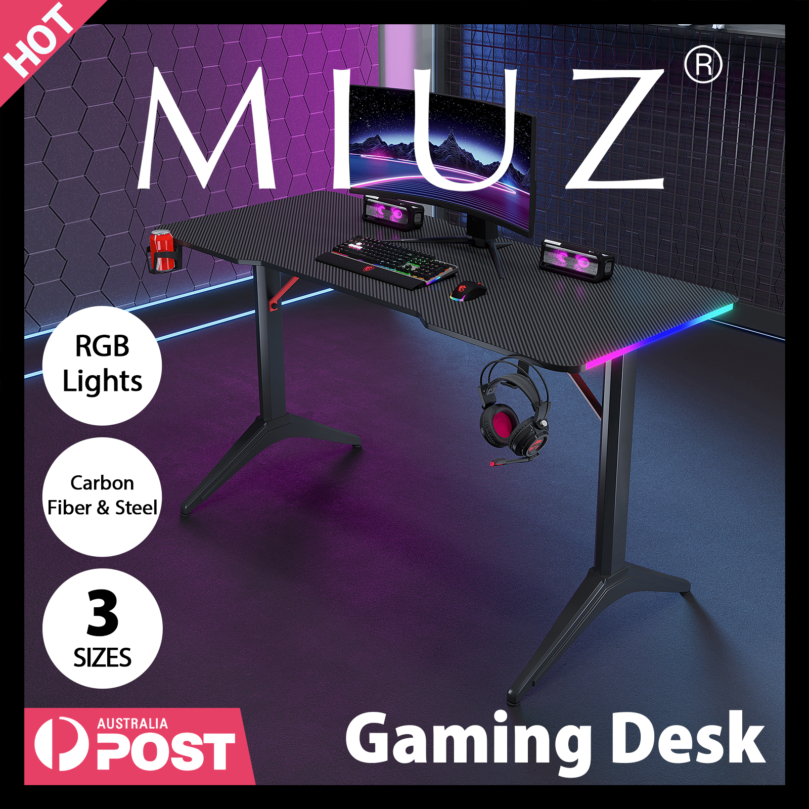 MIUZ Gaming Desk with RGB LED Lighting Carbon Fiber Top Cup Holder ...