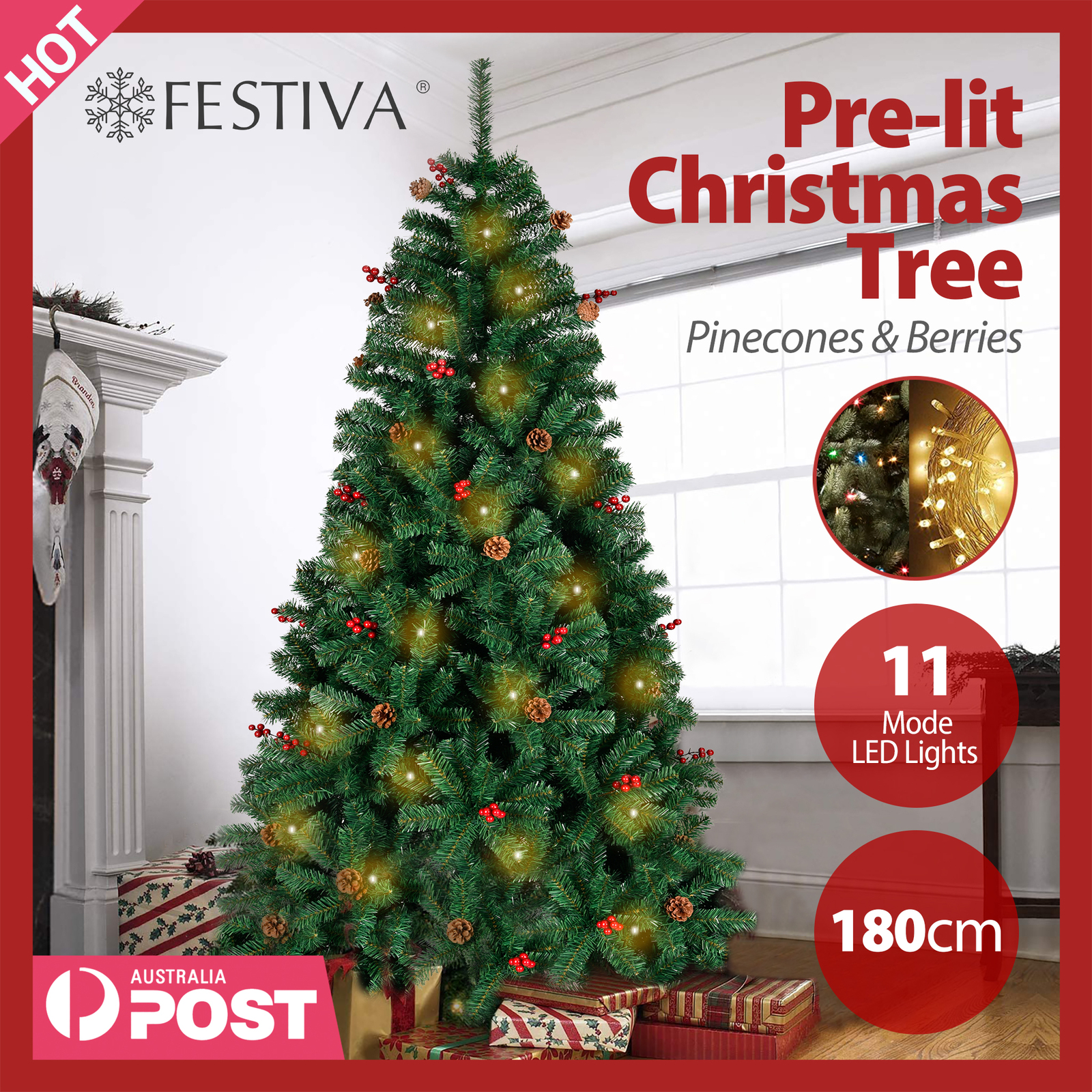Festiva Christmas Tree With LED 1.8m Xmas Trees Pinecone & Berries ...