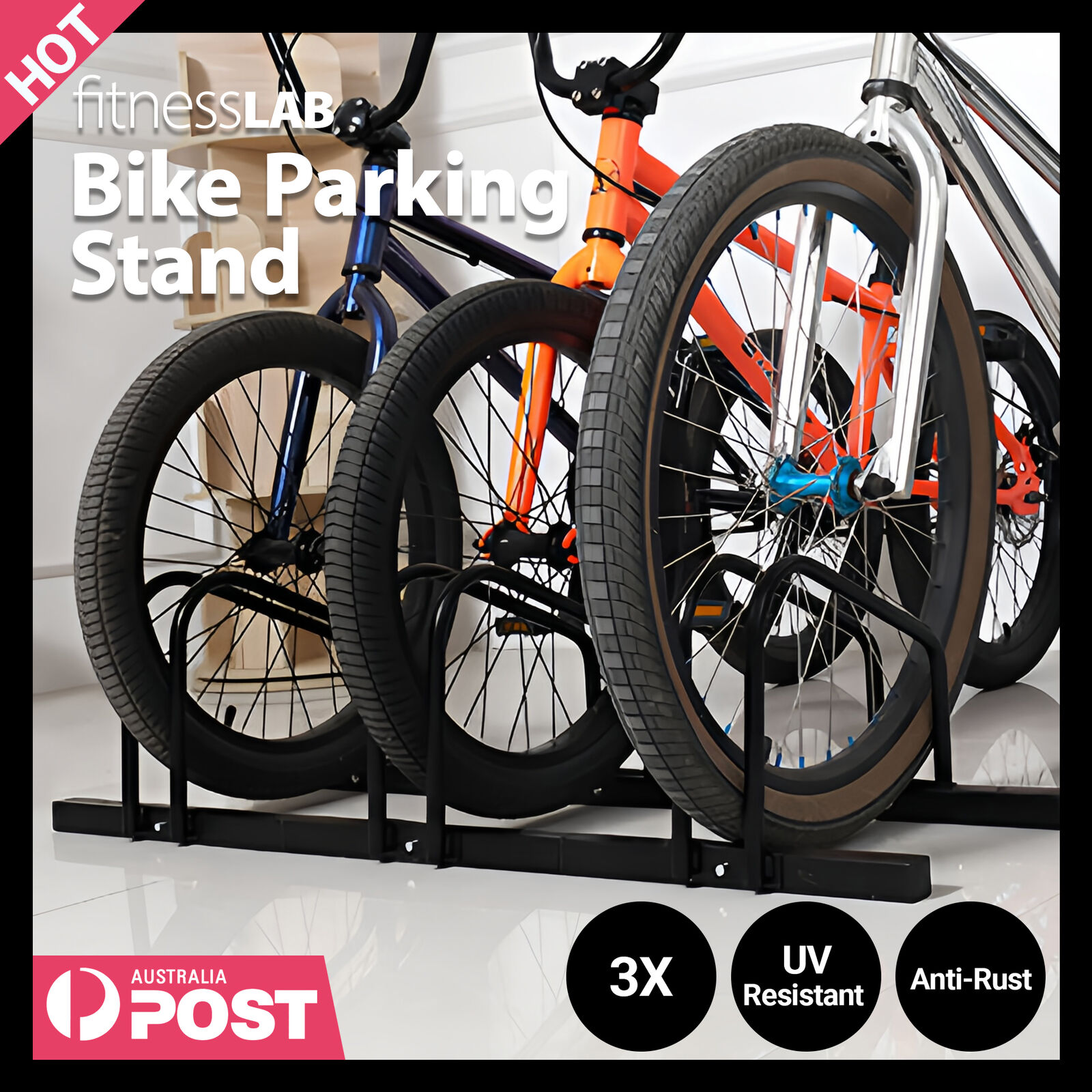 3 Bike Floor Parking Stand Heavy-Duty Steel Bicycle Rack Front Rear ...