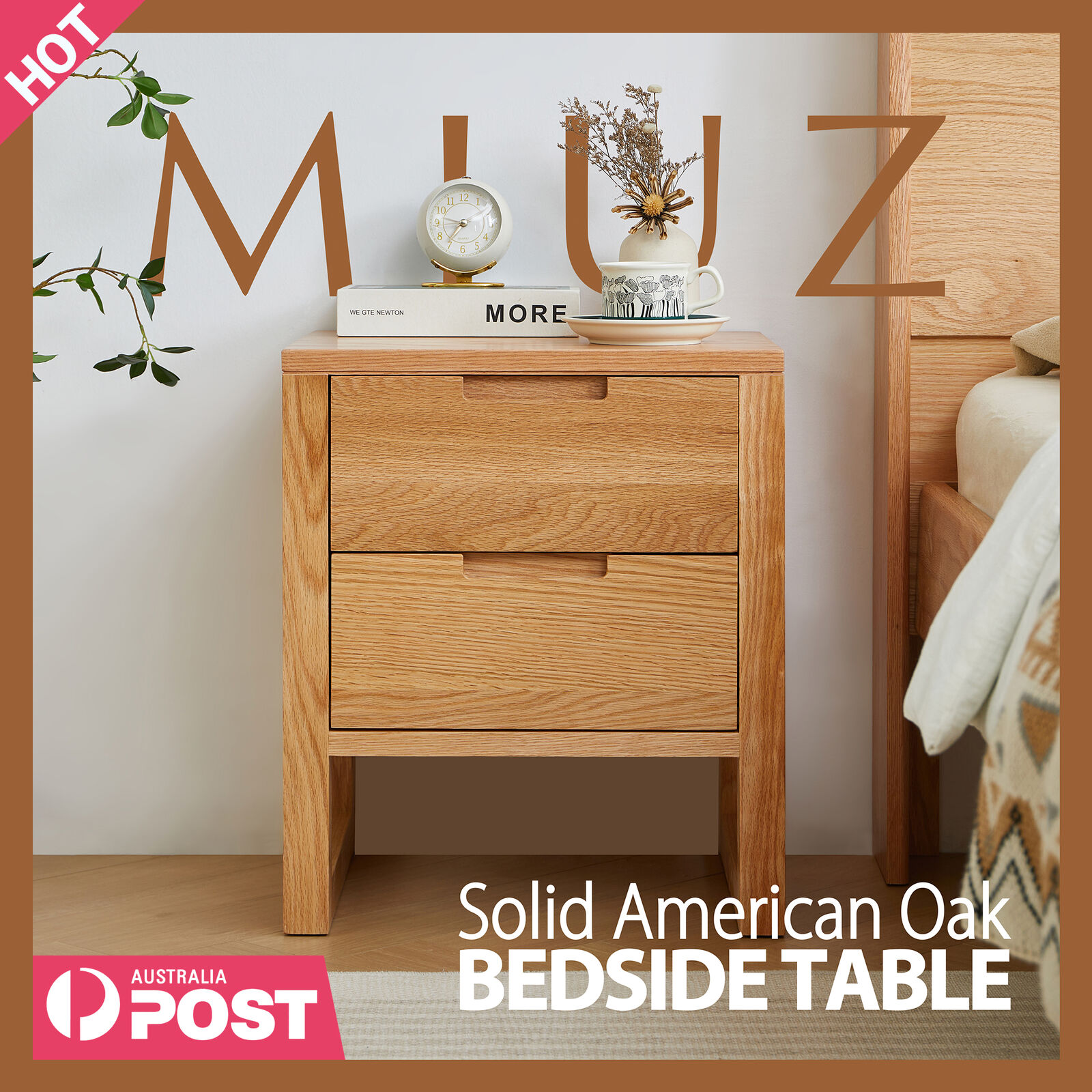 MIUZ American Solid Oak Wood Side Table Side Storage End Table w/ 2 ...