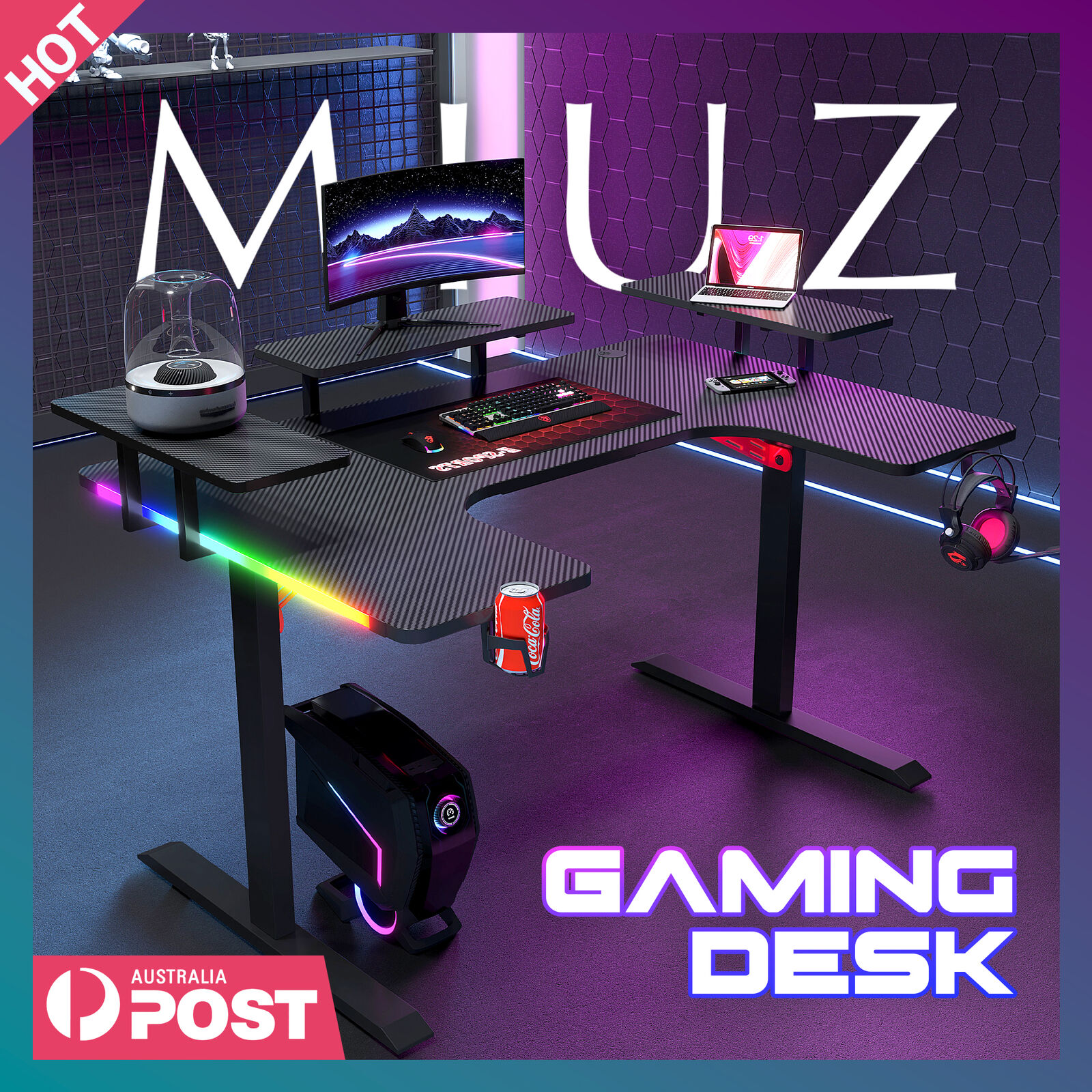 MIUZ Black Modern Thicken Gaming Desk U-Shaped Large Computer PC Table ...