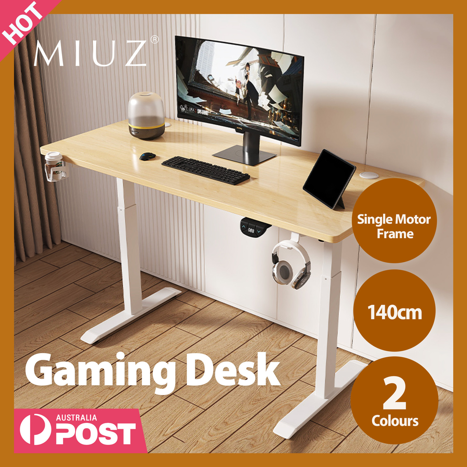 MIUZ Computer Gaming Desk Single Motor Frame Leg with Cup and Headphone ...