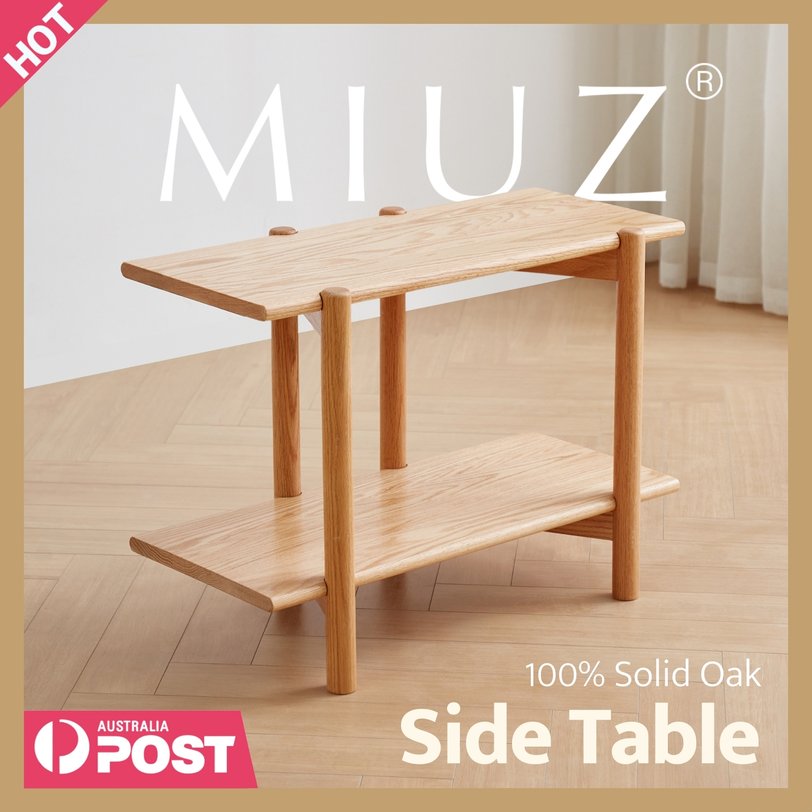 Solid Oak Side Table Modern Two-Tier Shelf for Living Room or Bedroom