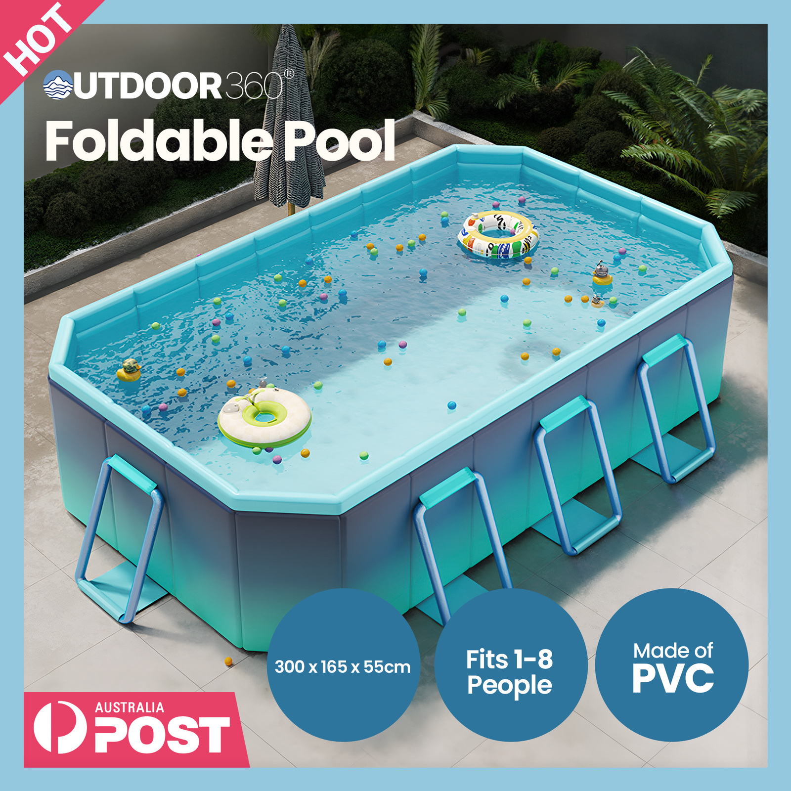 3M Swimming Pool Foldable Above Ground PVC Pool Kids Adult Outdoor Pool