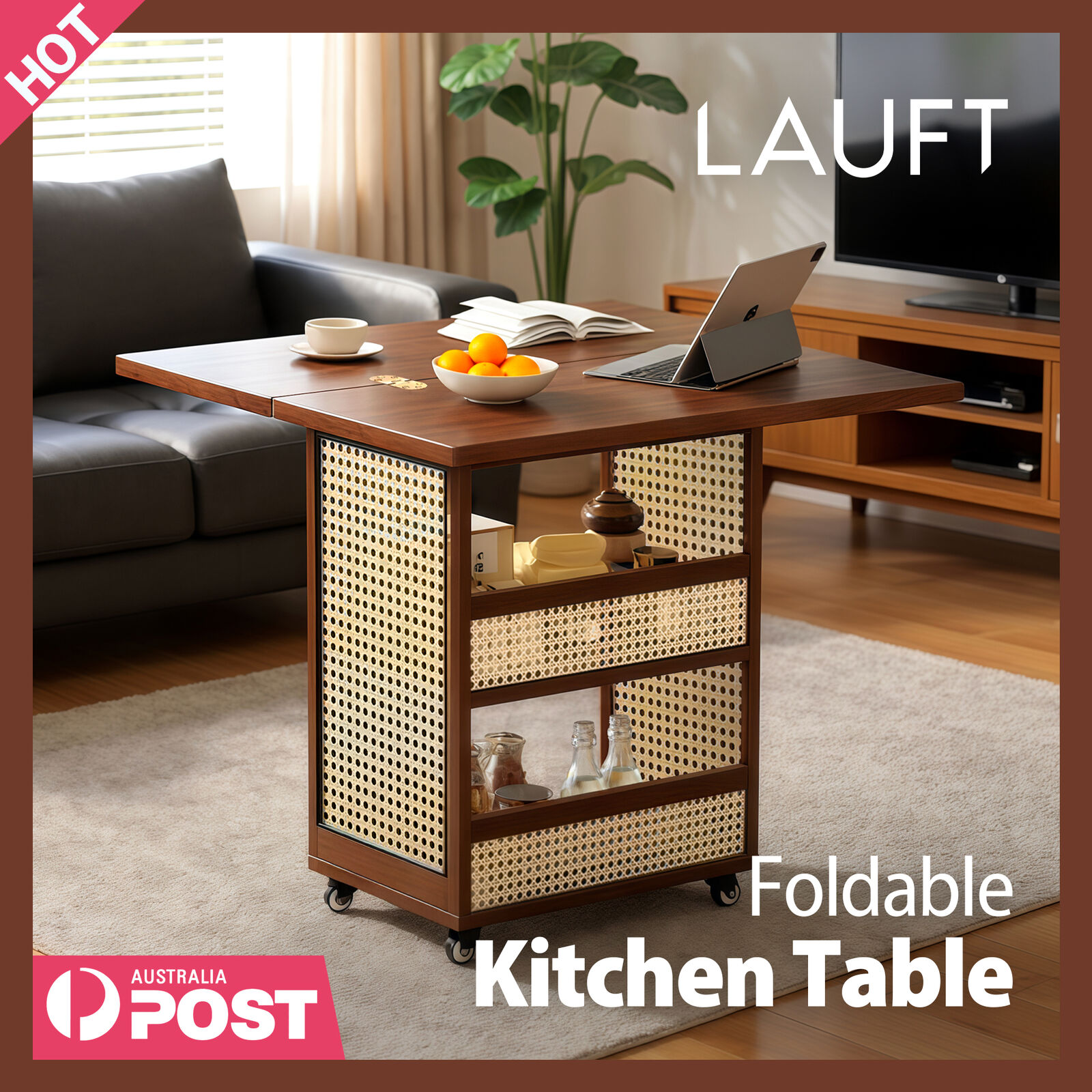 Folding Bamboo Wood Kitchen Table w/ Storage Shelves, Rolling Space ...