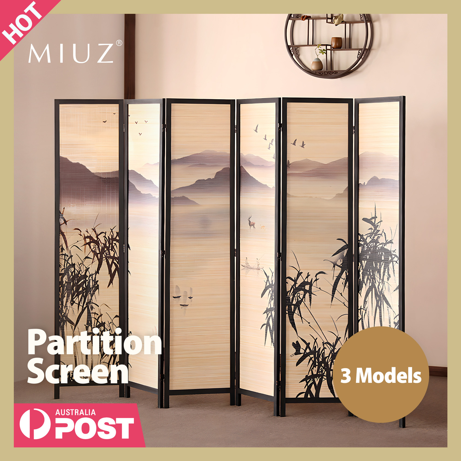 3/5/6 Panel Room Divider Screen Partition Privacy Fold Dividers Wood Stand