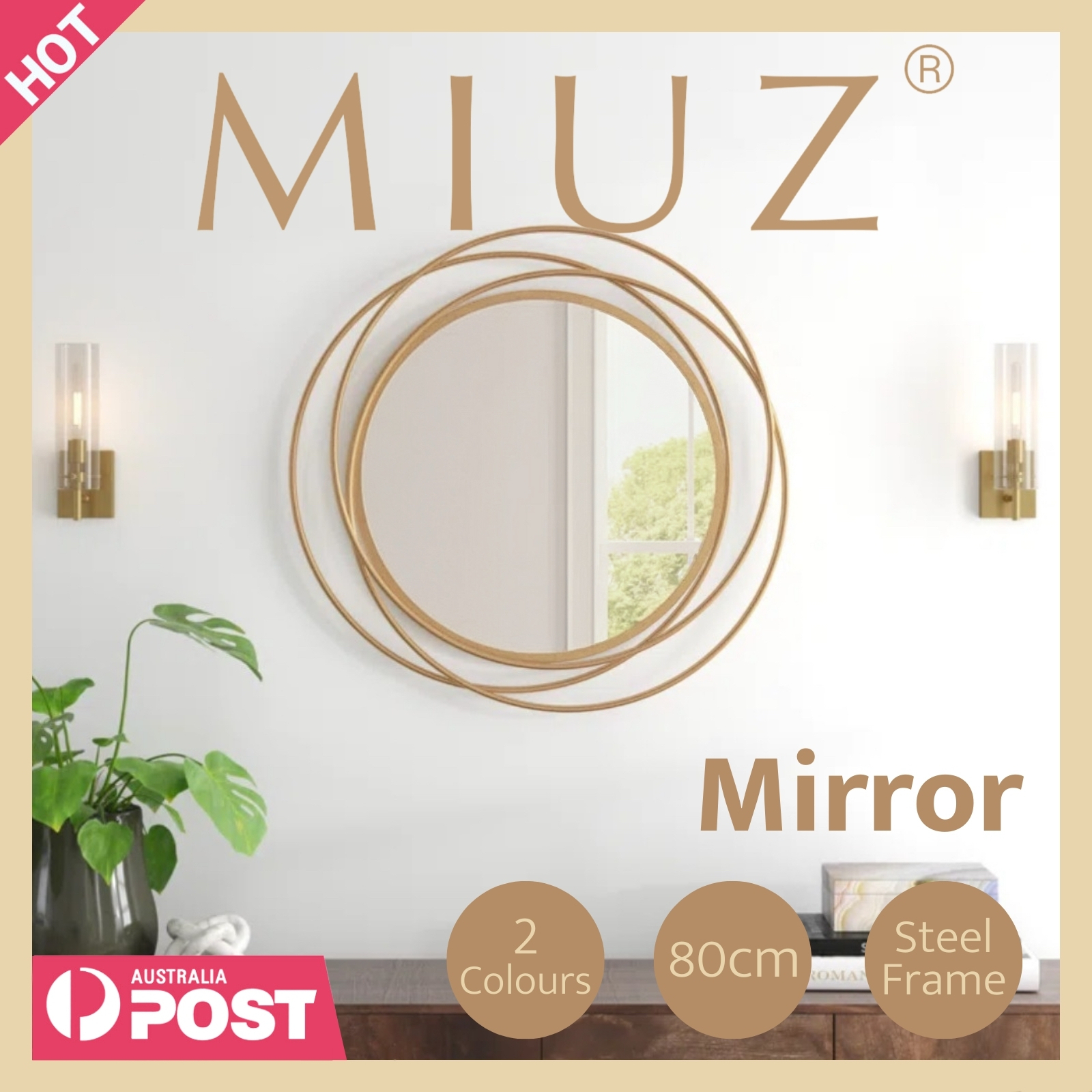 Round Wall Mirror Large Decorative Vanity Mirror Bathroom Living Room 80cm