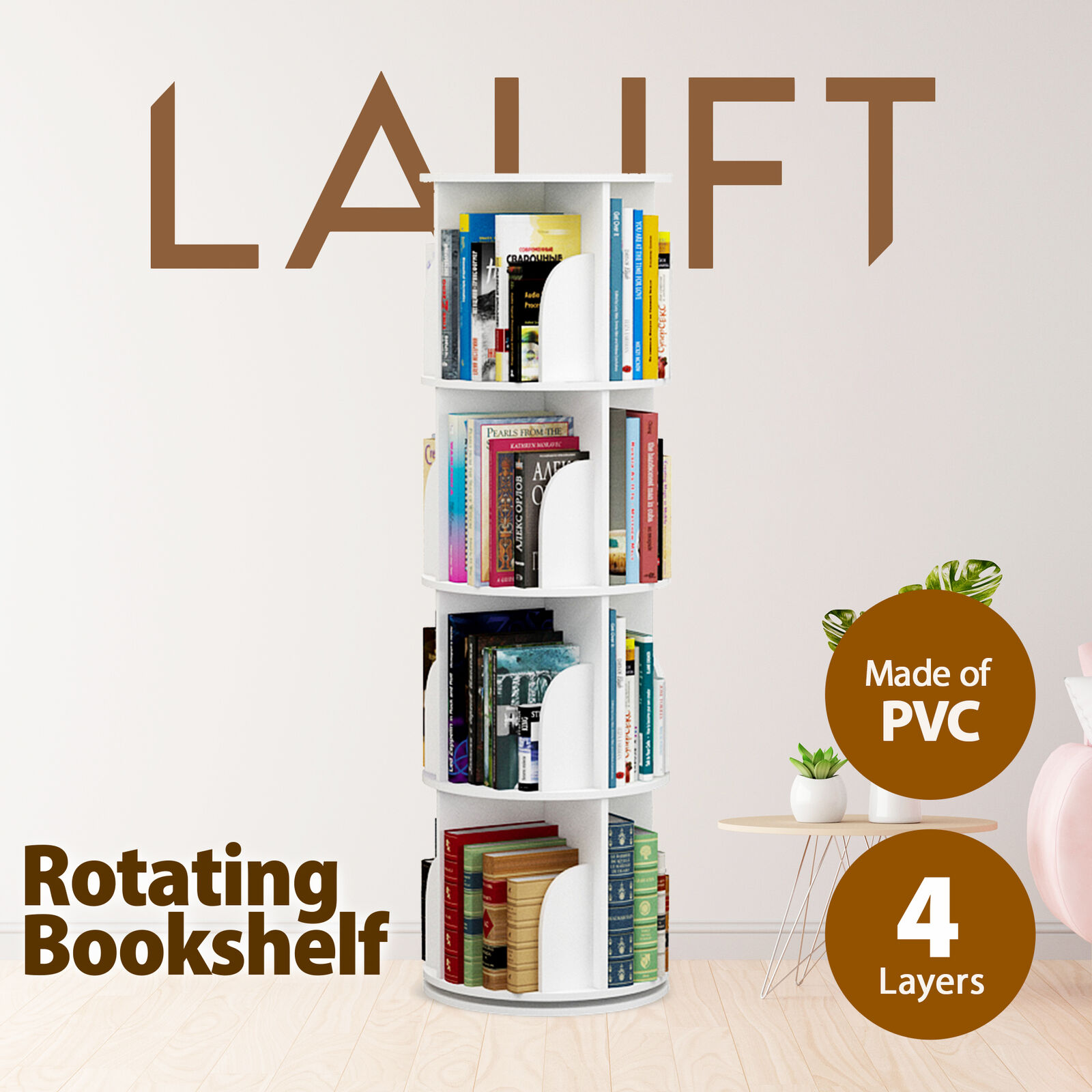 4-Tier Rotating Book Storage Shelf Bookcase Rotating Display Stand ...
