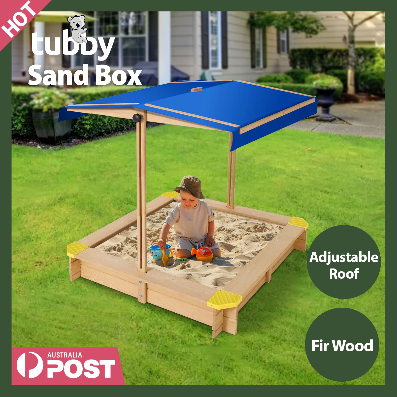 Tubby Wooden Sand Pit Adjustable Canopy Cover Kids Sandpit Outdoor Play ...