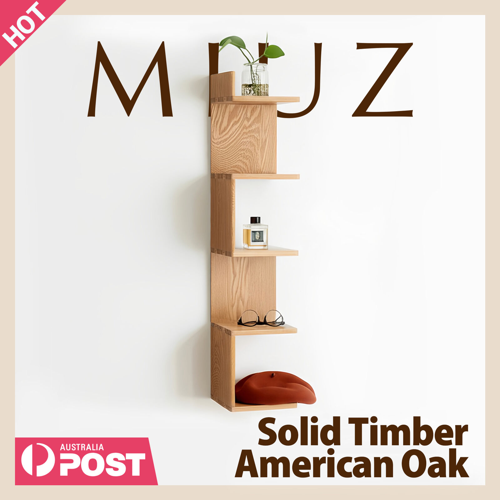 Modern Floating Zig Zag Wall Shelf Hanging Solid American Oak Wood Minimalist Multi Tier Wooden Disp