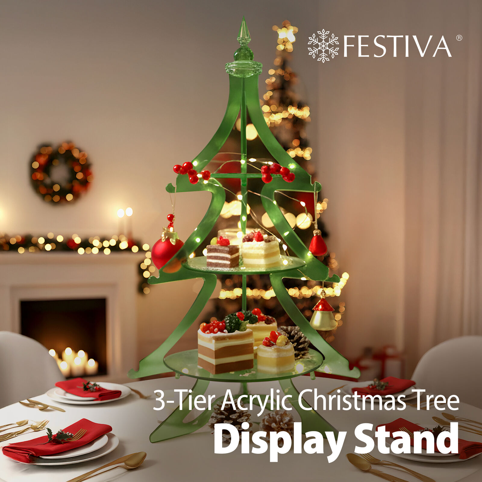 Green Christmas Acrylic Tree Dessert Stand, 3-Tier Acrylic Cupcake ...
